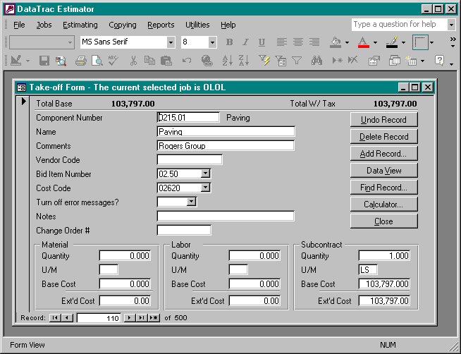 Screen Shot of DataTrac Estimating